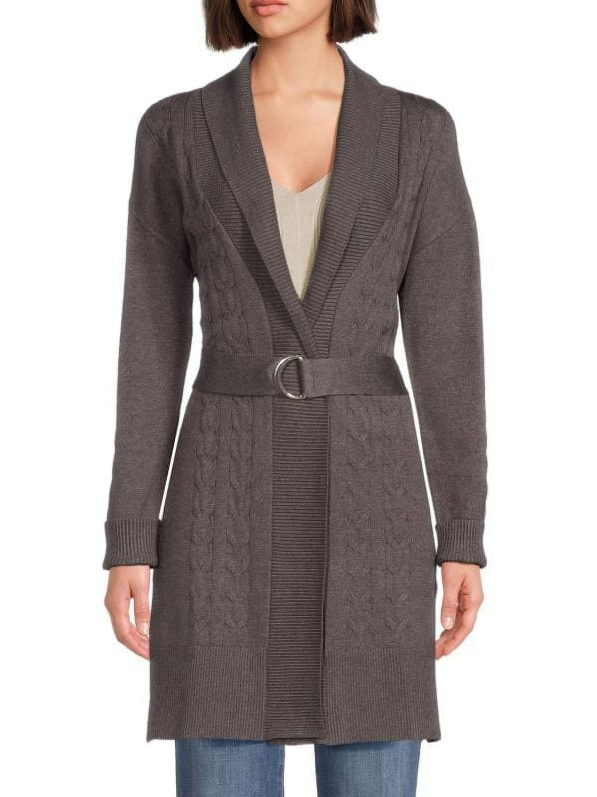 Ellen Tracy MEDIUM GREY Women's Belted Shawl Collar Cable Knit Cardigan ...