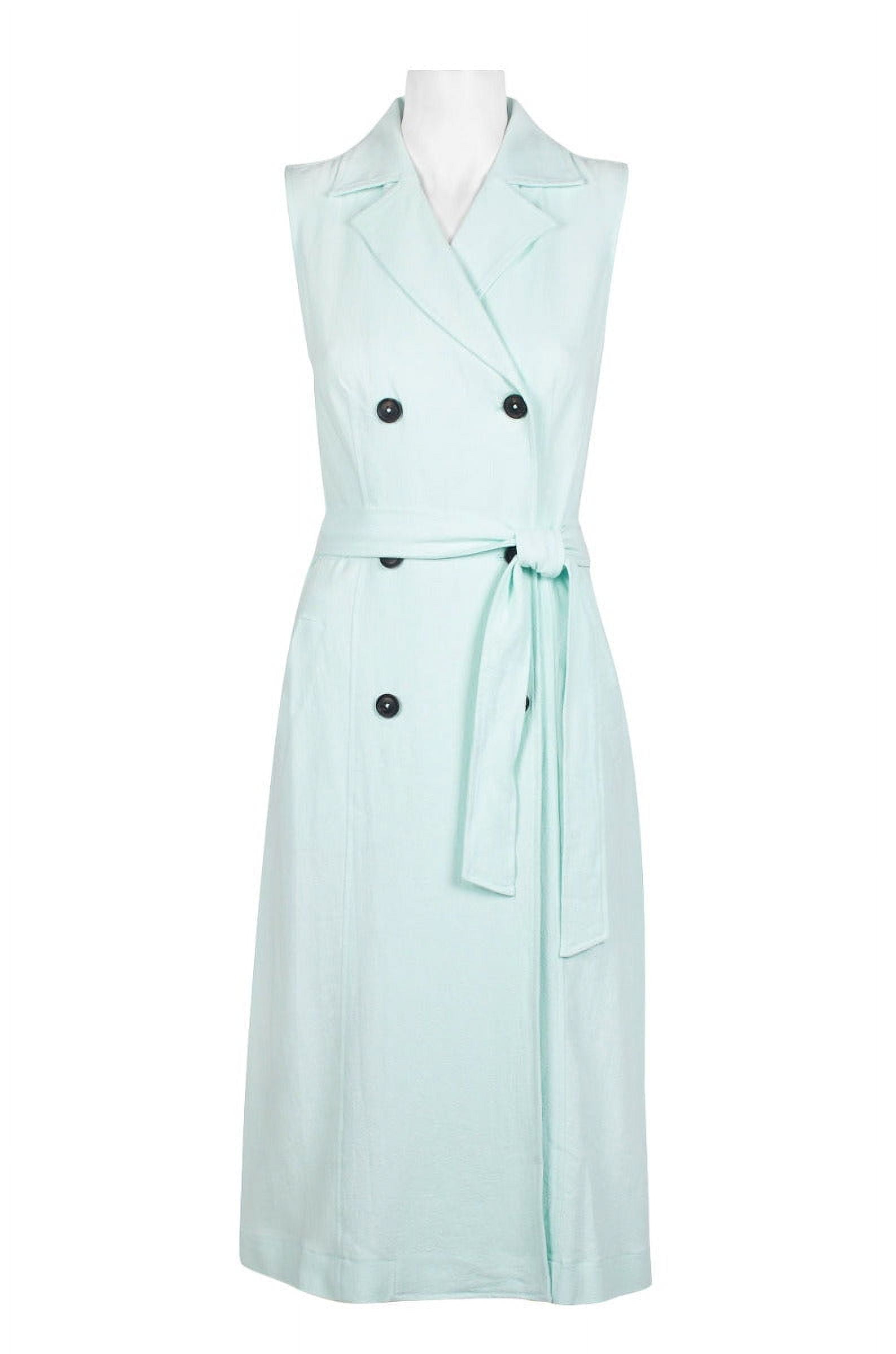Ellen Tracy Notched Collar Tie Waist Solid Trench Linen Dress-CELADON ...
