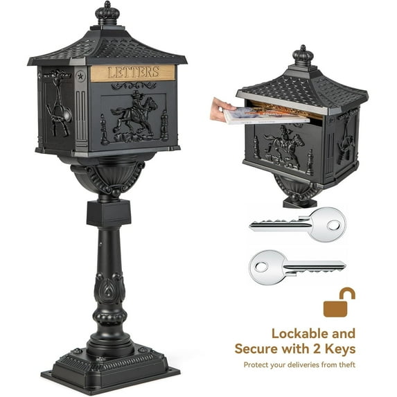 Elleree Retro Mailbox Cast Aluminum Mail Box Postal Box with Post ...