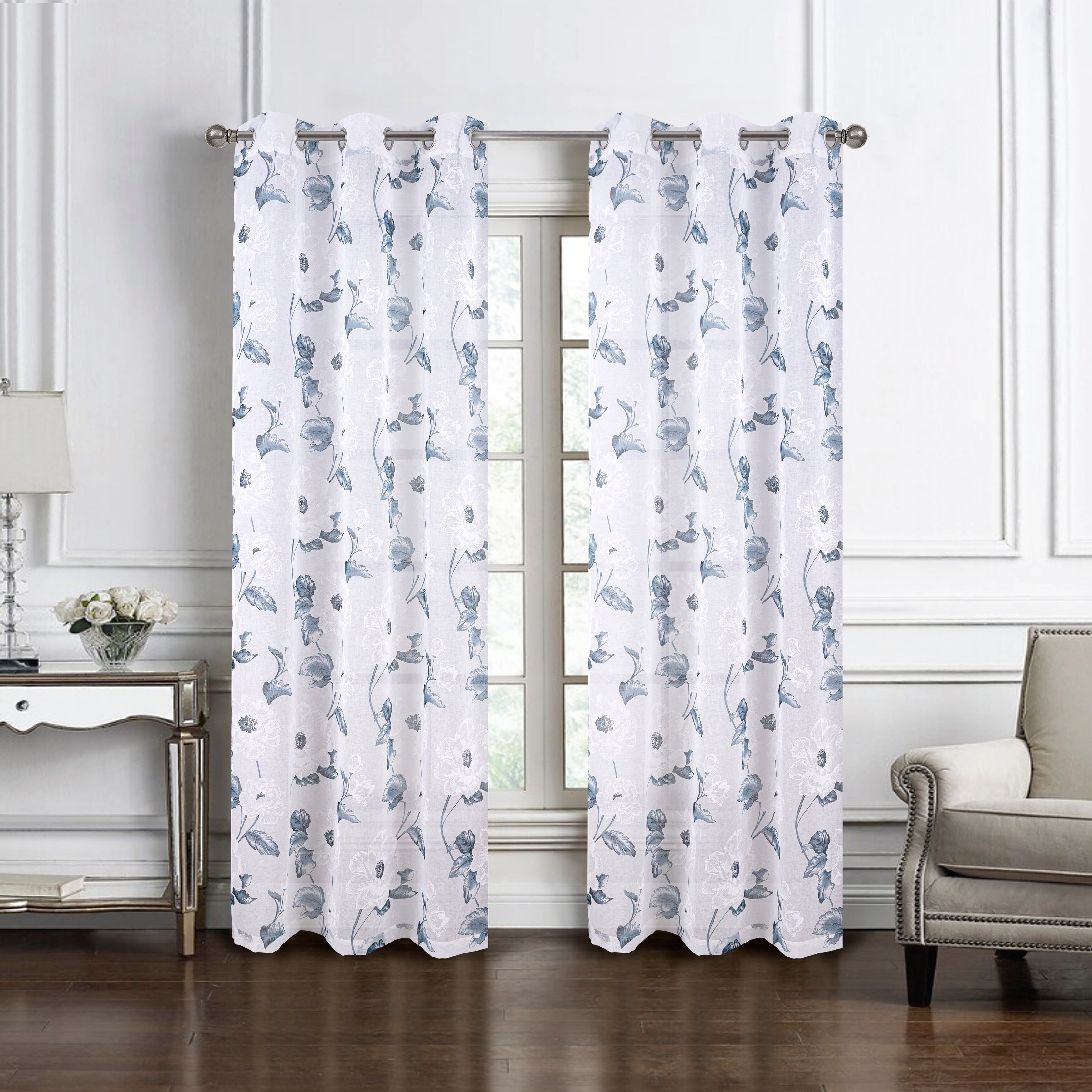 Ellie Floral Sheer Window Curtain Panel 84 inch or 95 inch 54" x 84 ...