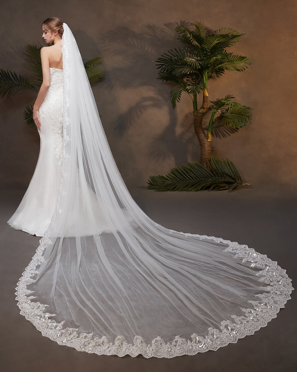 EllieWely 1 Tier Cathedral Length 3.5 M(138 inch) Bling Sequin Lace ...
