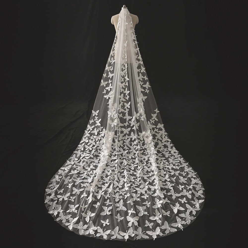 EllieWely 1 Tier Cathedral Length 3 M(118 inch) butterfly lace Wedding ...