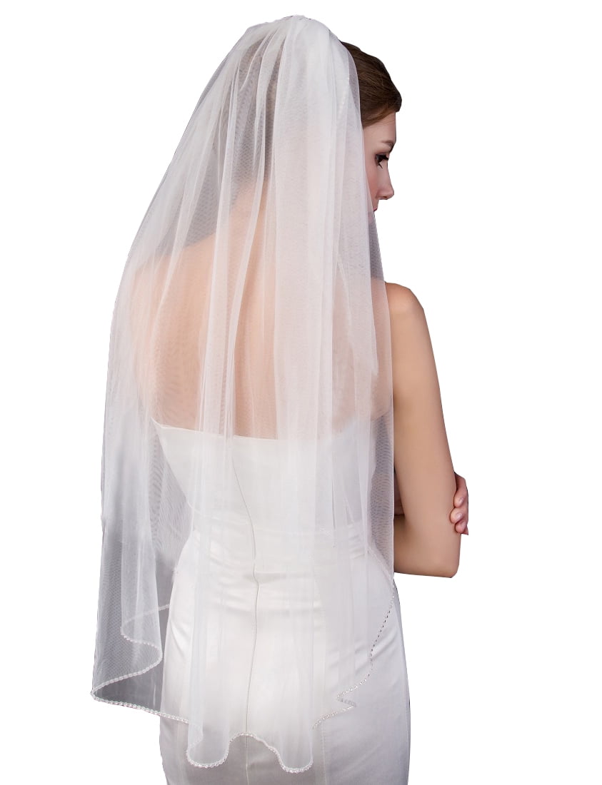 EllieWely 1 Tier Fingertip Length 90 cm(35 inch) Crystal Edge Wedding ...
