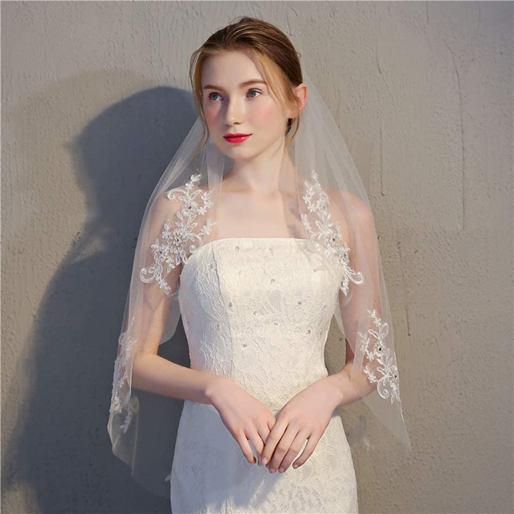 EllieWely 1 Tier Fingertip Length 90 cm(35 inch) Lace Edge Wedding ...