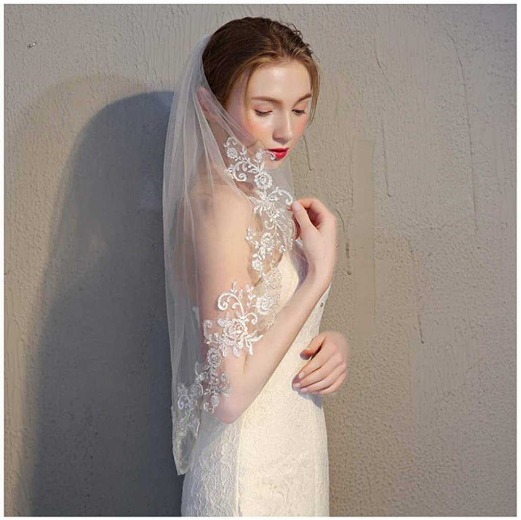 EllieWely 1 Tier Fingertip Length 90 cm(35 inch) Lace Edge Wedding ...