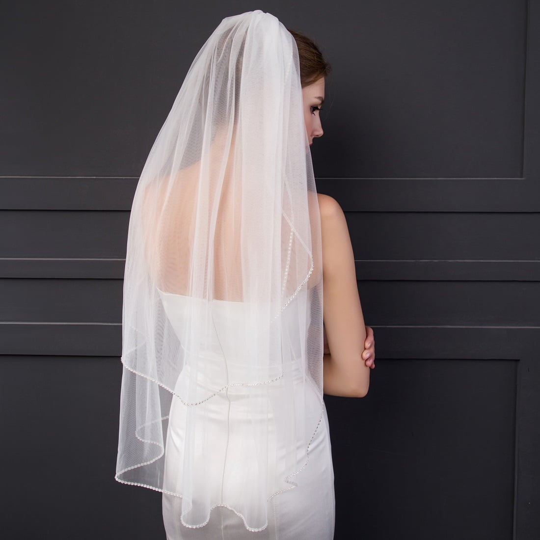 EllieWely 2 Tier Fingertip Length 90 cm(35 inch) Crystal Edge Wedding ...