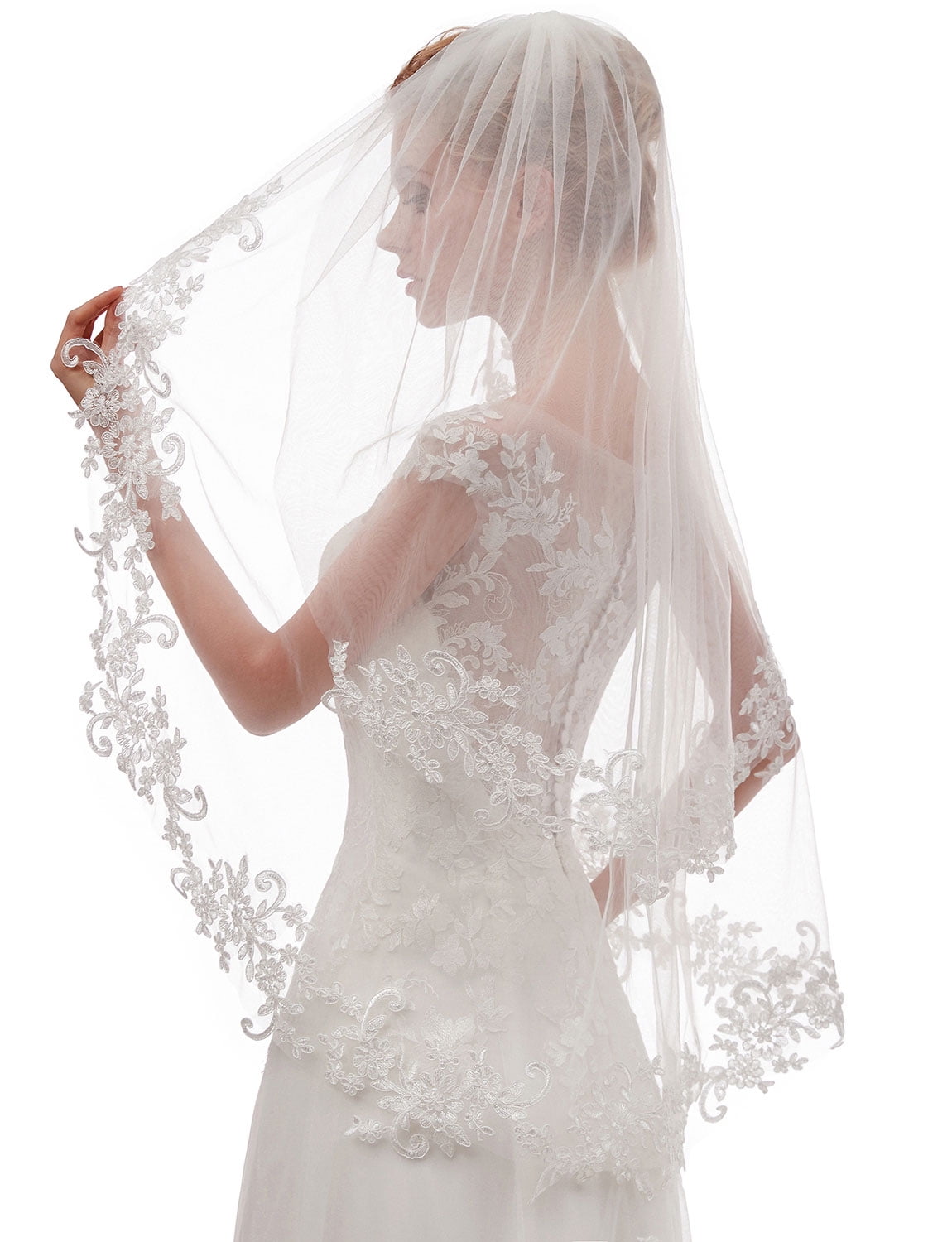 EllieWely 2 Tier Fingertip Length 90 cm(35 inch) Lace Edge Wedding ...