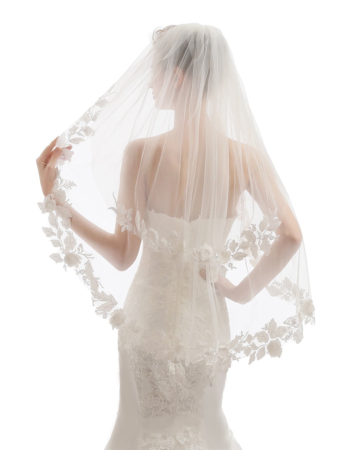 EllieWely 2 Tier Fingertip Length 90 cm(35 inch) Lace Wedding Bridal ...