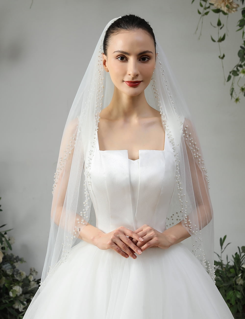 EllieWely 2 Tier Fingertip Length 90 cm(35 inch) Pearl Wedding Bridal ...