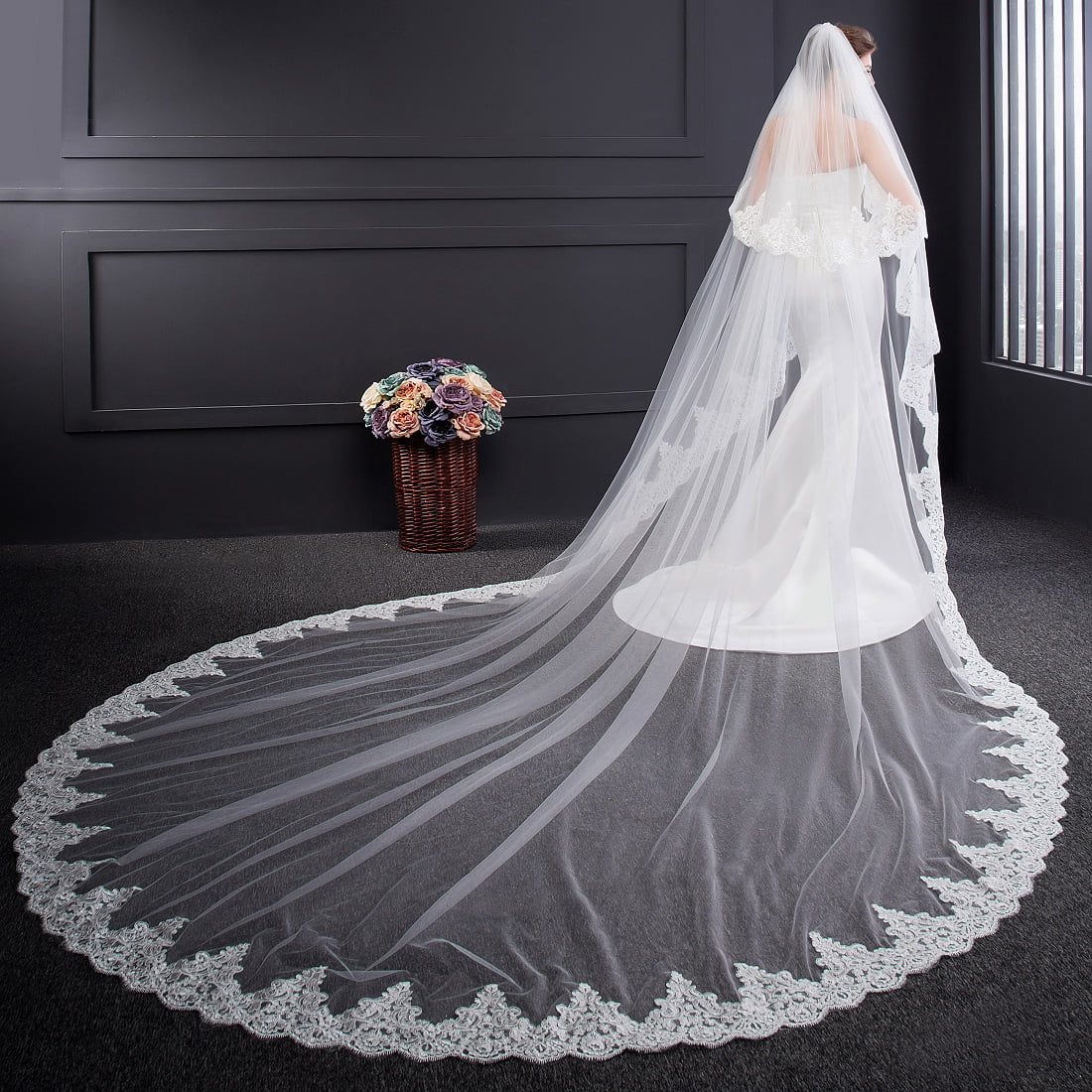 EllieWely 2 Tier Wedding Veil Cathedral Length 3.5 M(138 inch) Lace ...