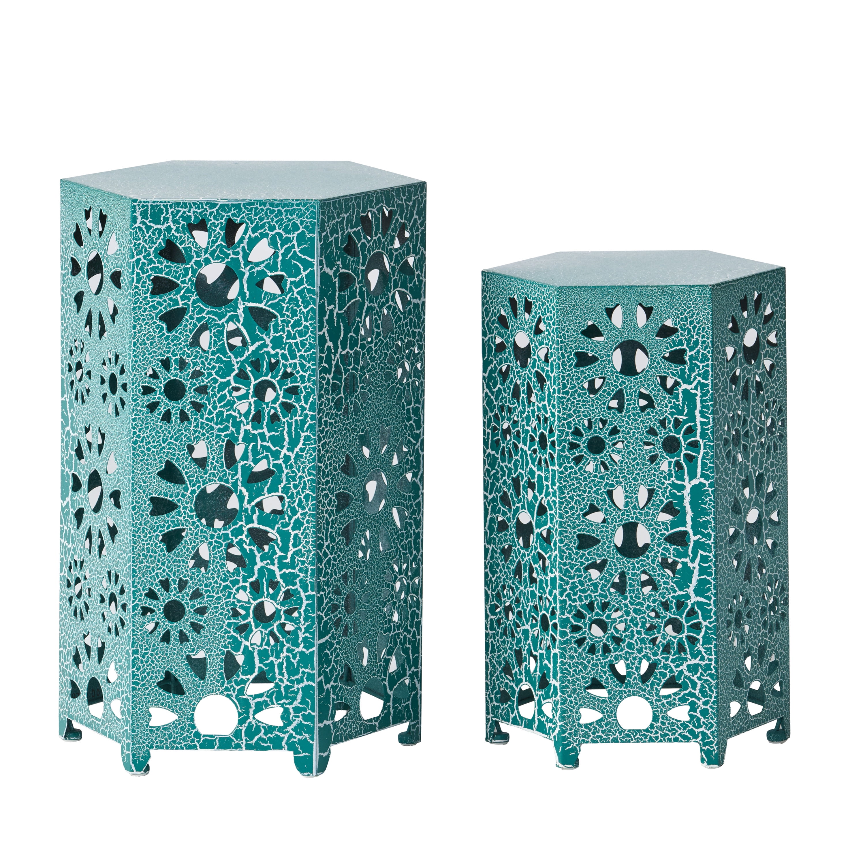 Elliot Outdoor 12 and 14 Inch Sunburst Iron Side Table, Crackle Teal ...