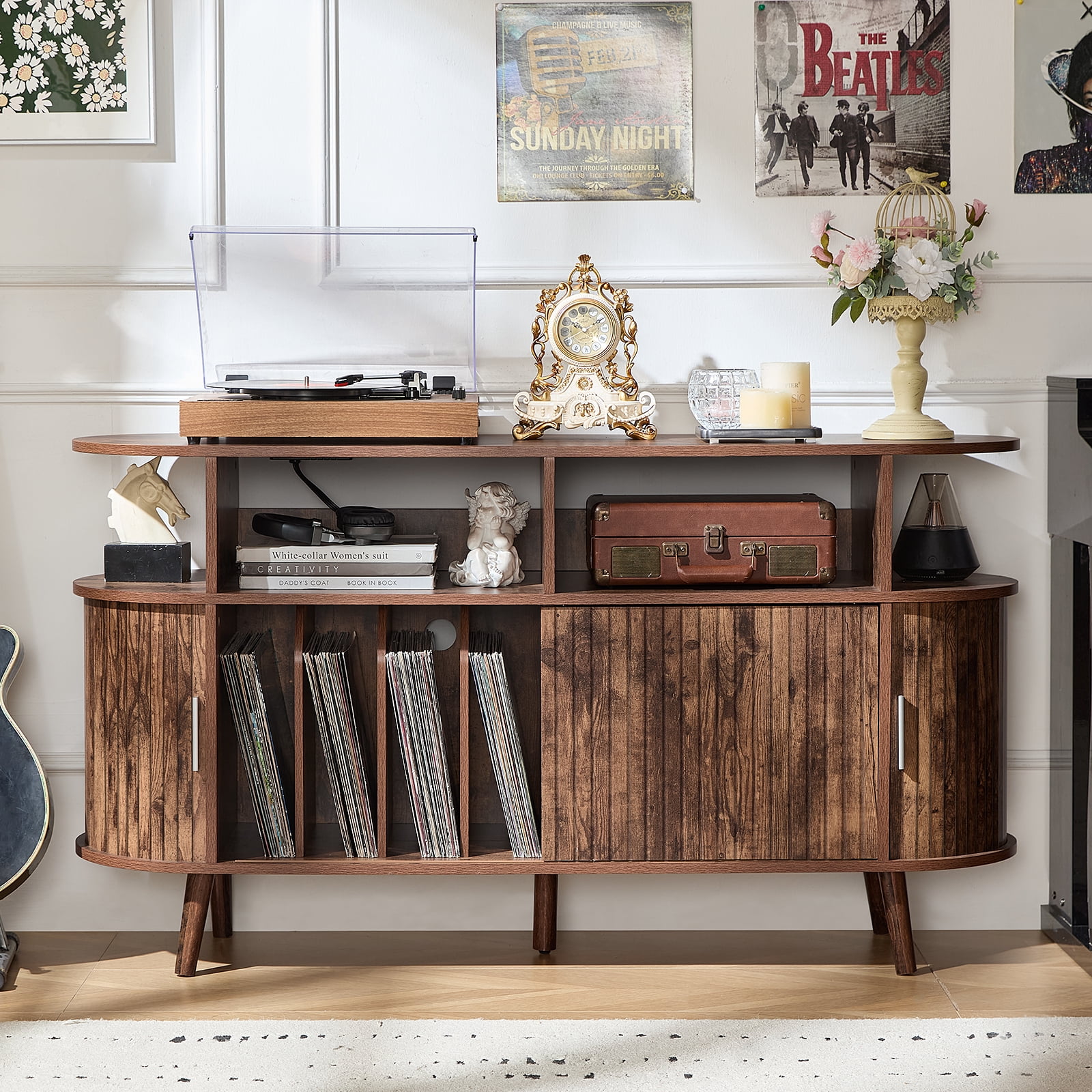 Elliptical Record Player Turntable Stand with Power Outlets, Vinyl ...