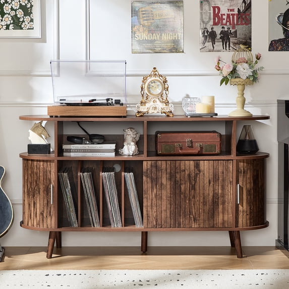 Elliptical Record Player Turntable Stand with Power Outlets, Vinyl ...