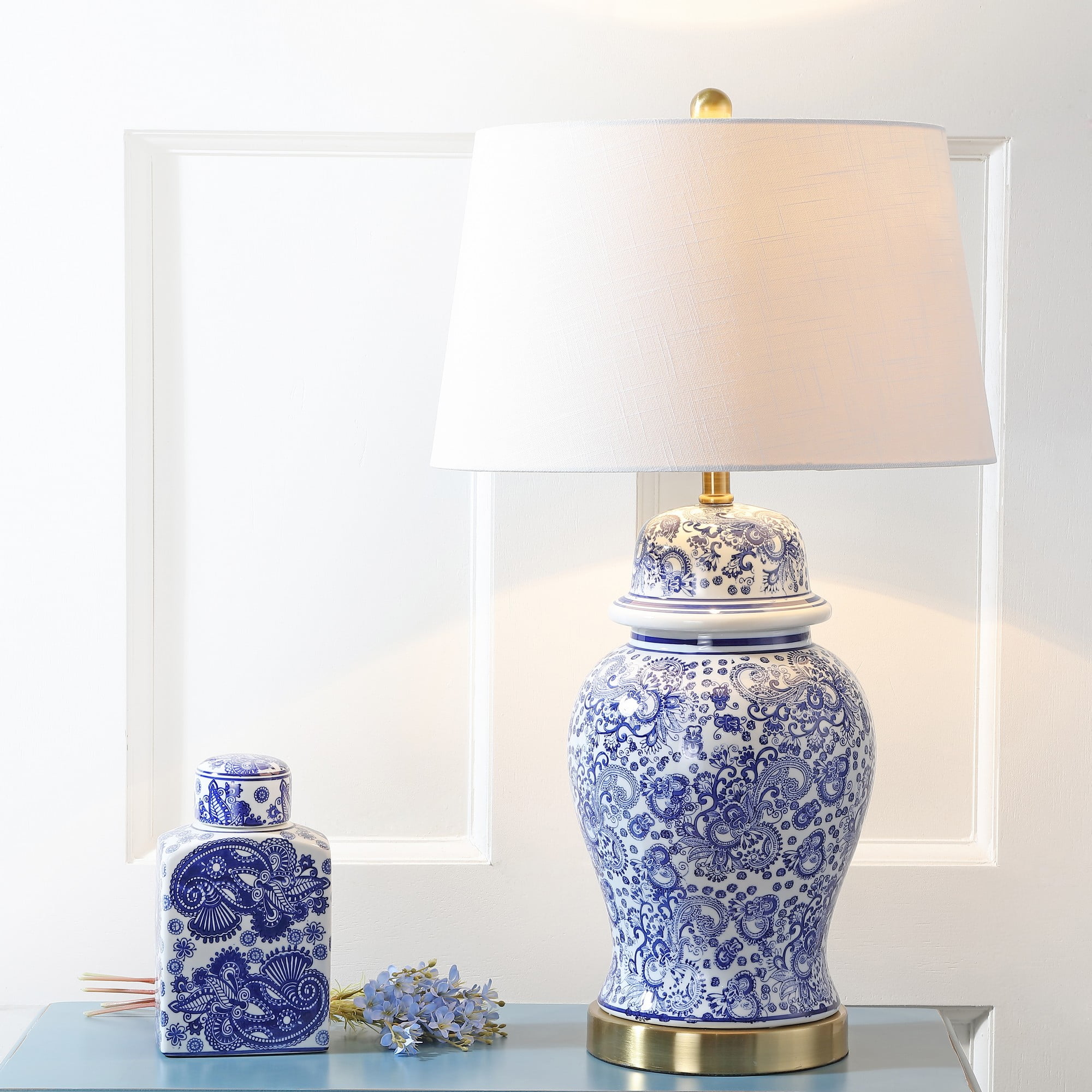 Ellis Unique 29.5" White Tall Ceramic LED Table Lamp, Blue/White for ...