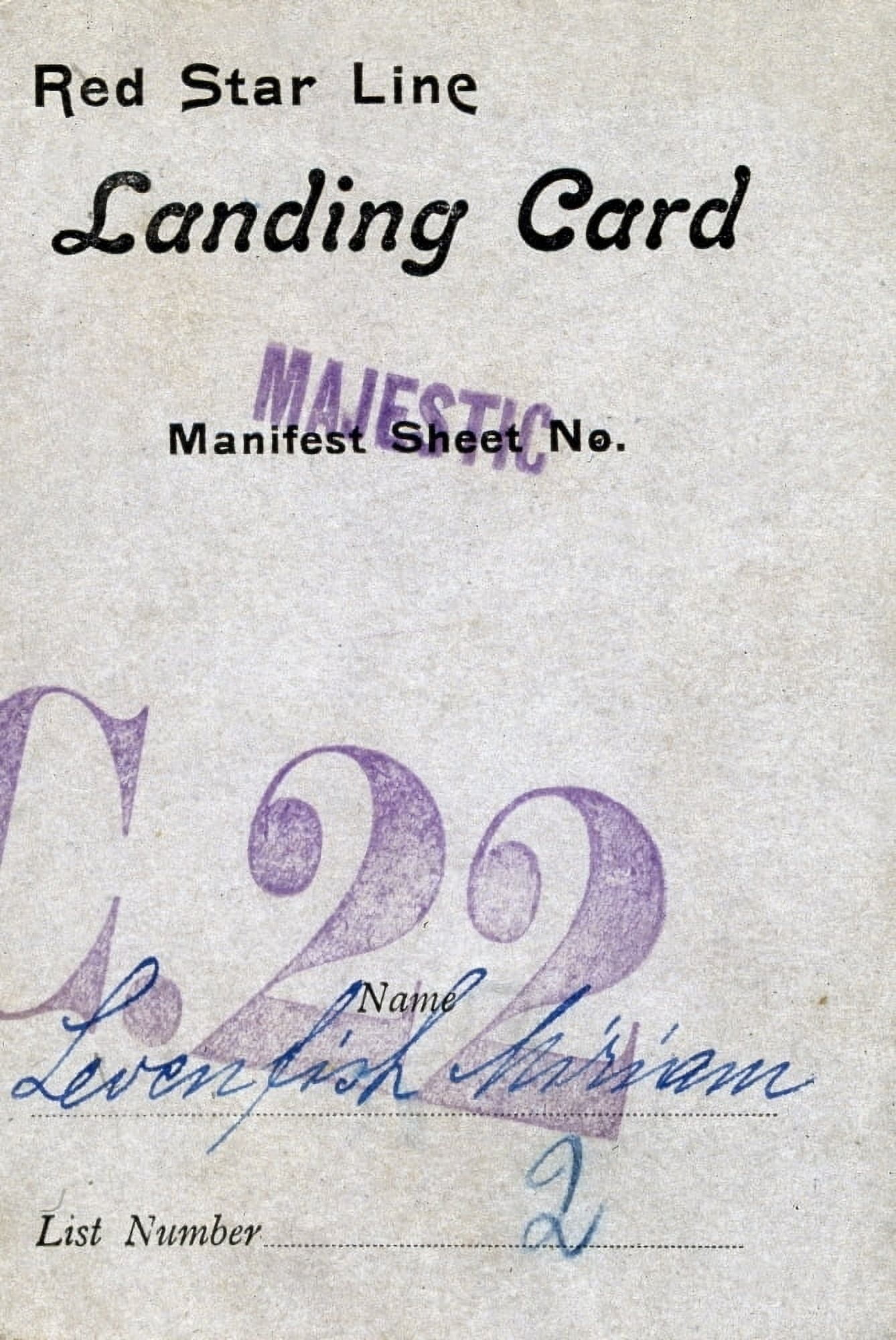 Ellis Island Landing Card. Nfront Of A Landing Card Issued To An ...