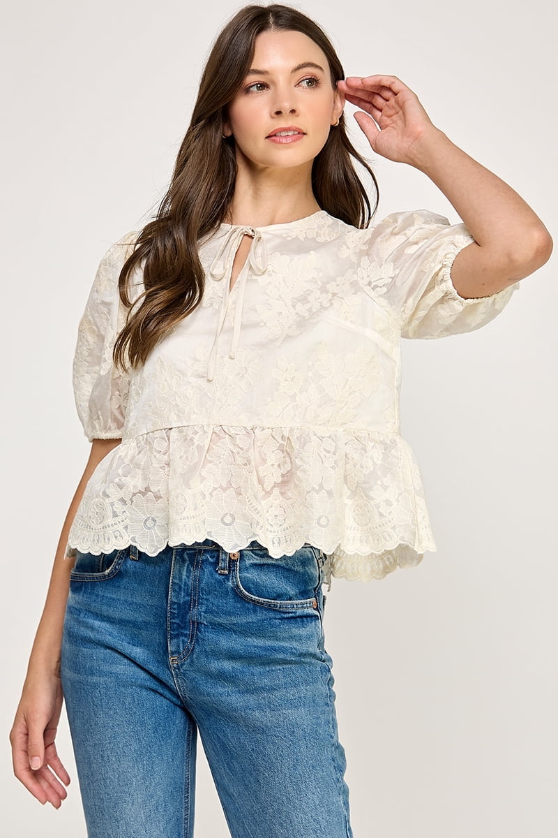 Ellison Apparel Inc- Tie detail embroidered top - Walmart.com
