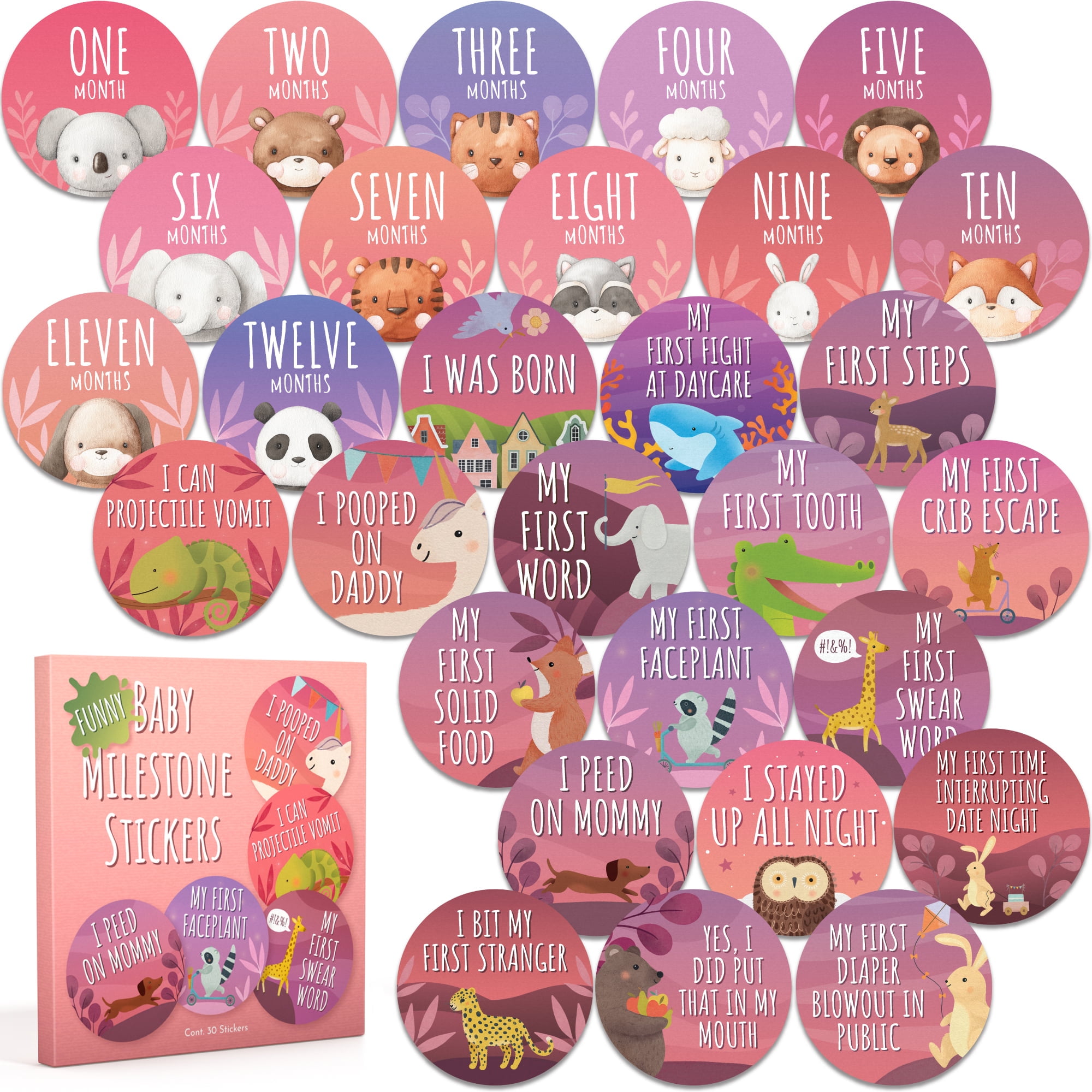 Ellopi 4" Funny Animals Pink Baby Girl Milestone Photo Prop Stickers ...