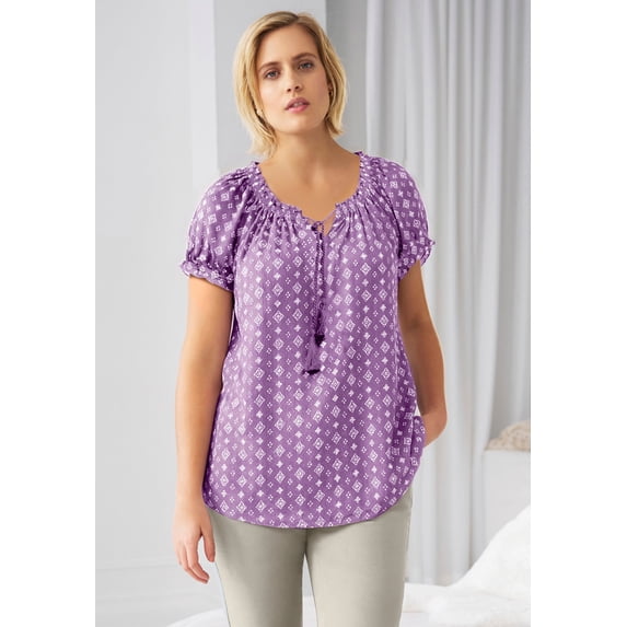 Ellos Plus Size A-Line Scoop Neck Ruffle Trim 100% Cotton Cambric ...