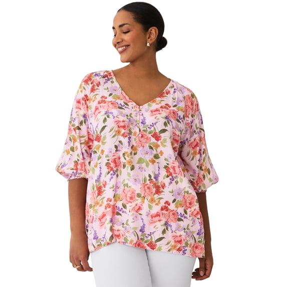 Ellos Plus Size V-Neck Blouse With Blouson Sleeves - Walmart.com