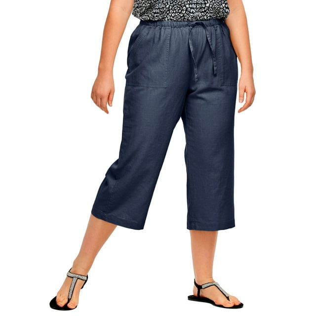 Ellos Women's Linen Blend Drawstring Capris Pants - Walmart.com