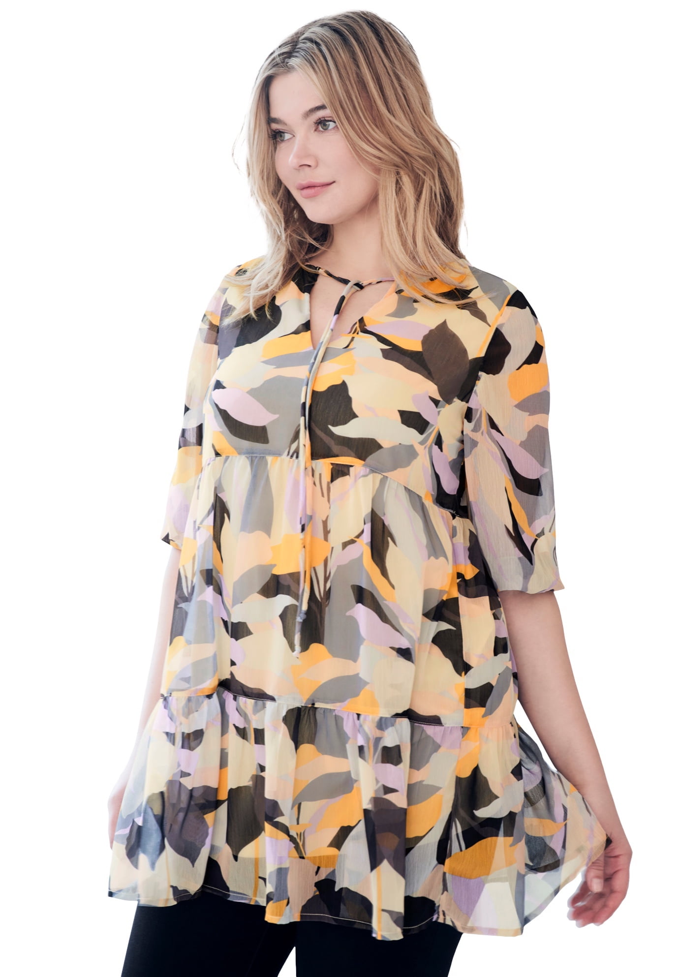 Ellos Women's Notched V-Neck Tiered Keyhole Tunic - Walmart.com