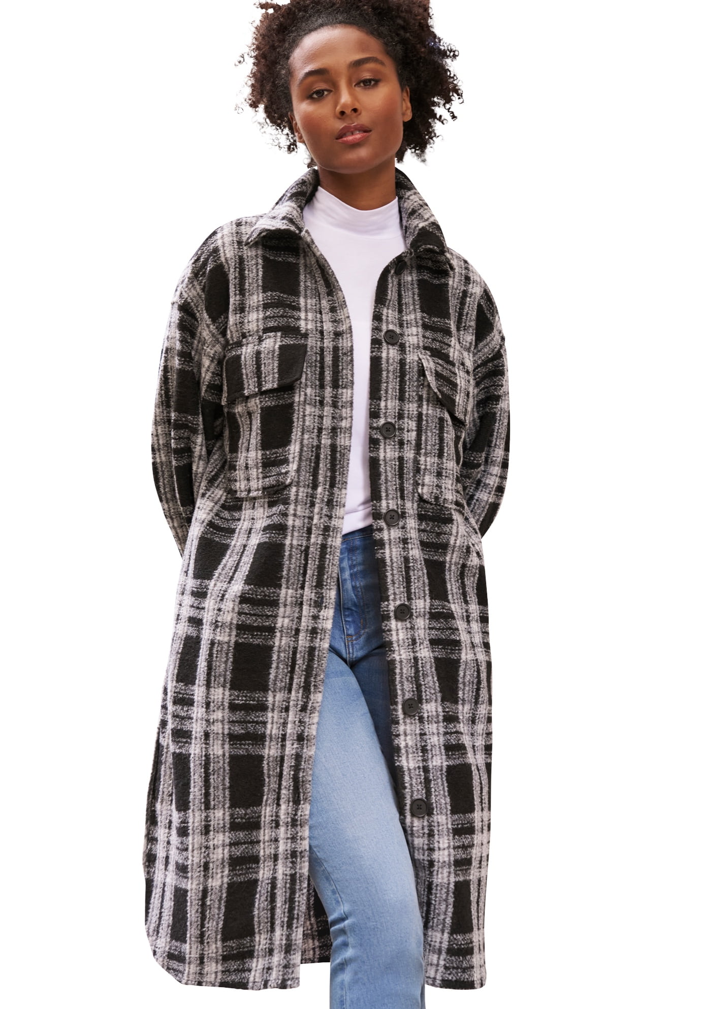 Ellos Women's Plus Size Wool Blend Long Shirt Jacket Oversized Shacket ...