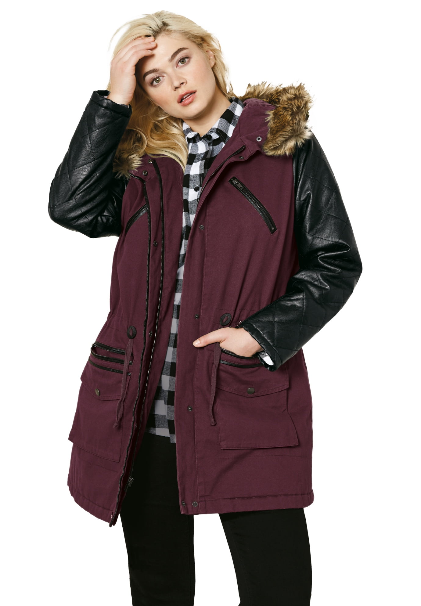 Ellos Women's Quilted Faux Leather Sleeve Parka Jacket - Walmart.com