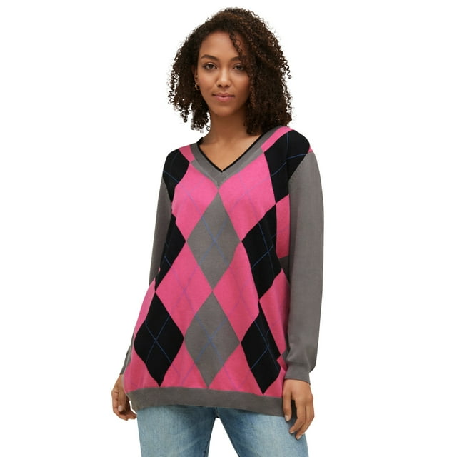 ellos Women's Plus Size V-Neck Argyle Sweater - L, Slate Hot Pink ...