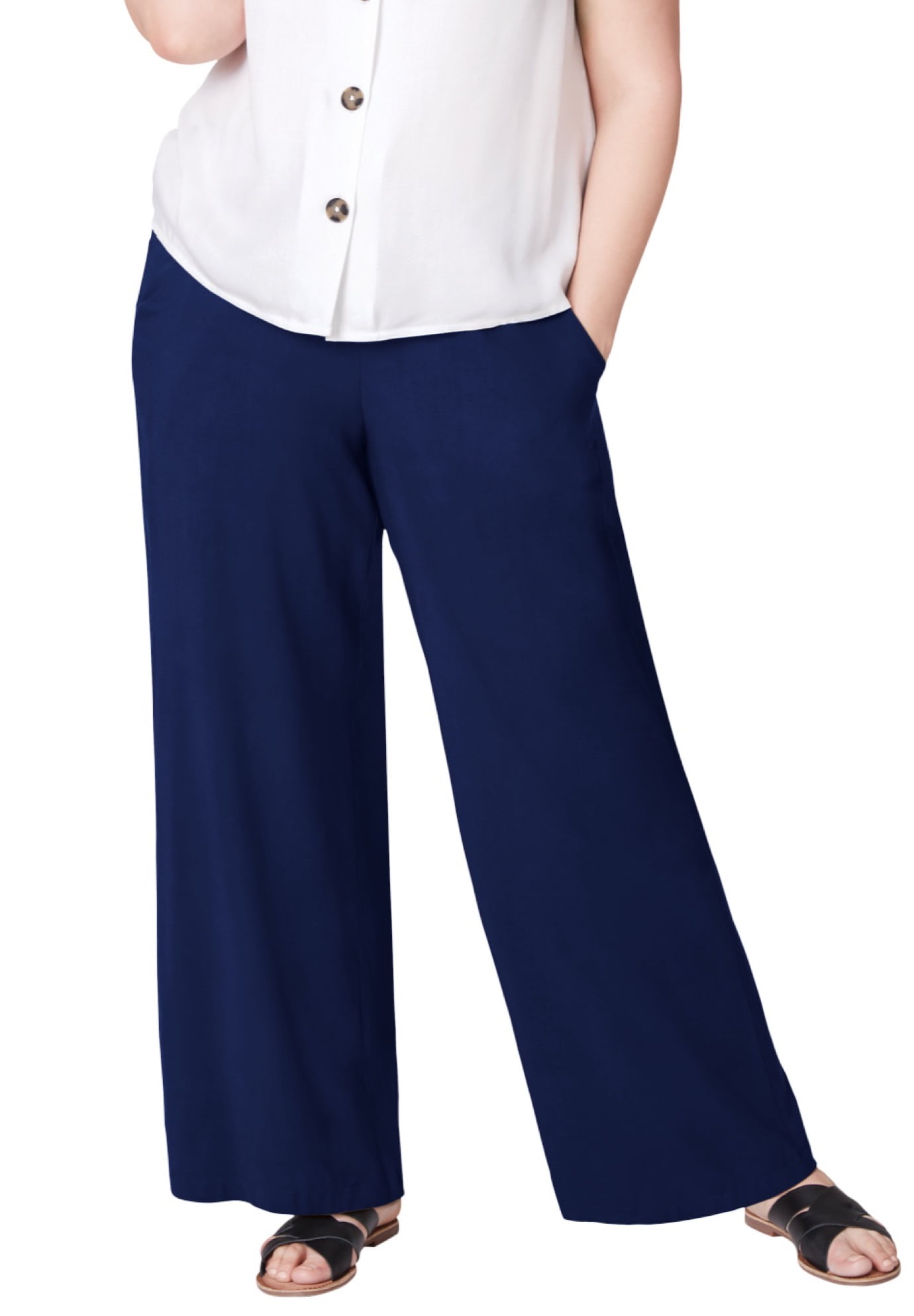 ellos Women's Plus Size Wide-Leg Soft Pants With Back Elastic - S, Navy ...