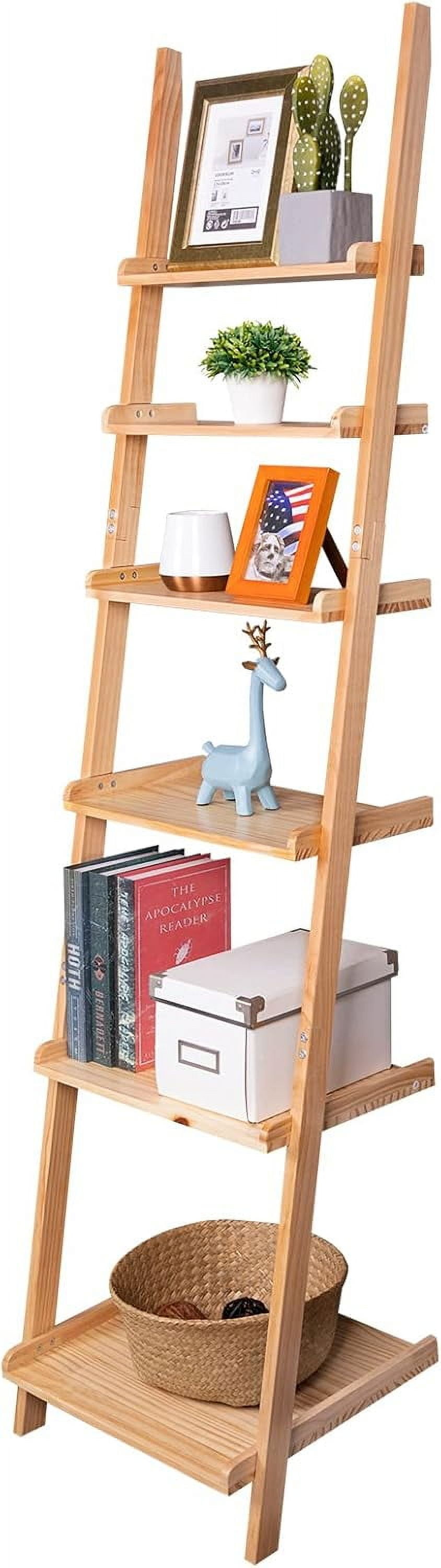 Ellwood 6-Tier Ladder Shelf, Leaning Display Shelf, Solid Wood Bookcase ...