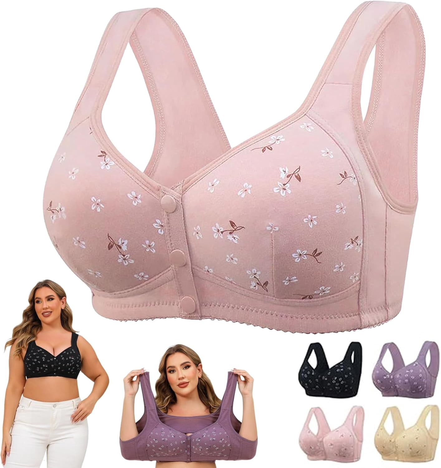 Ellymuse Daisy Bra - Daisy Bras for Older Women Front Closure Bra, Plus Size Full Coverage ...