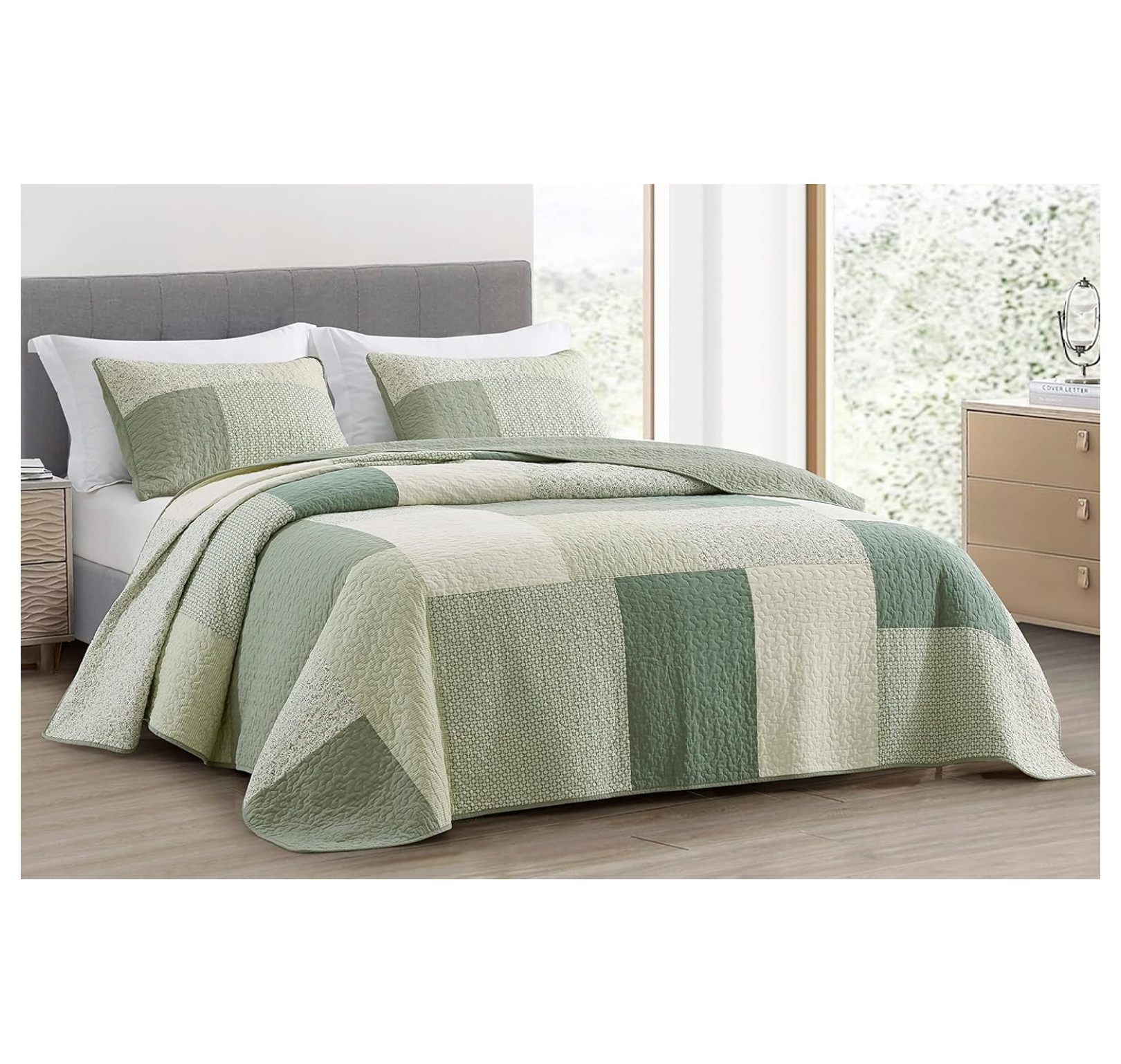 Elm 2-Piece Chic Patchwork Quilt Set - Green Floral Striped Coverlet ...