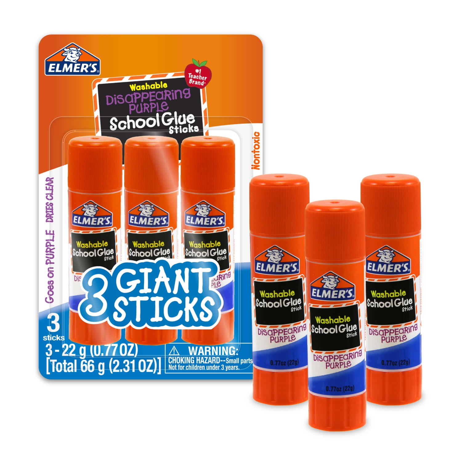 Elmer's Disappearing Purple School Glue Sticks, Washable, 22g Each, 3 ...