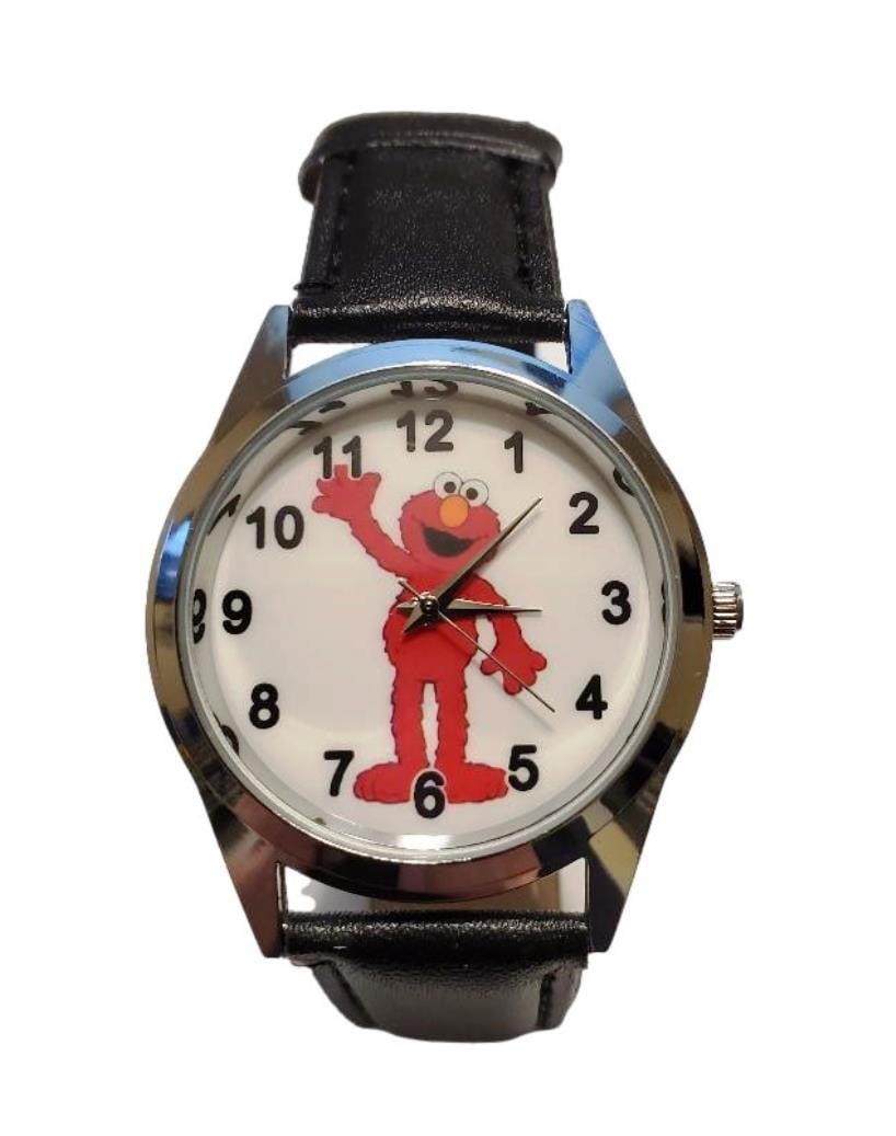 Elmo Character Stainless Steel Quartz Watch with Black Leather Band ...
