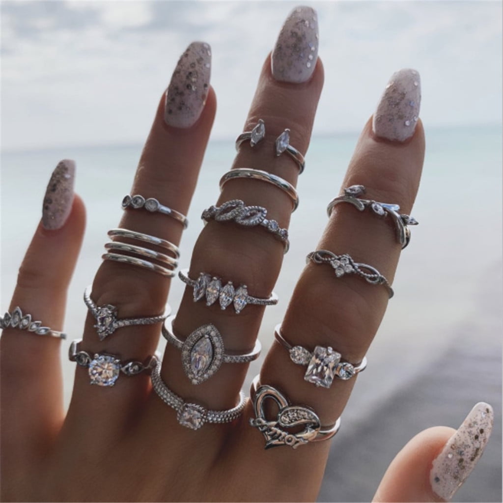 Elneeya Vintage Knuckle Ring Set for Women 15 Pack Silver Rhinestone Stackable Fashion Rings ...