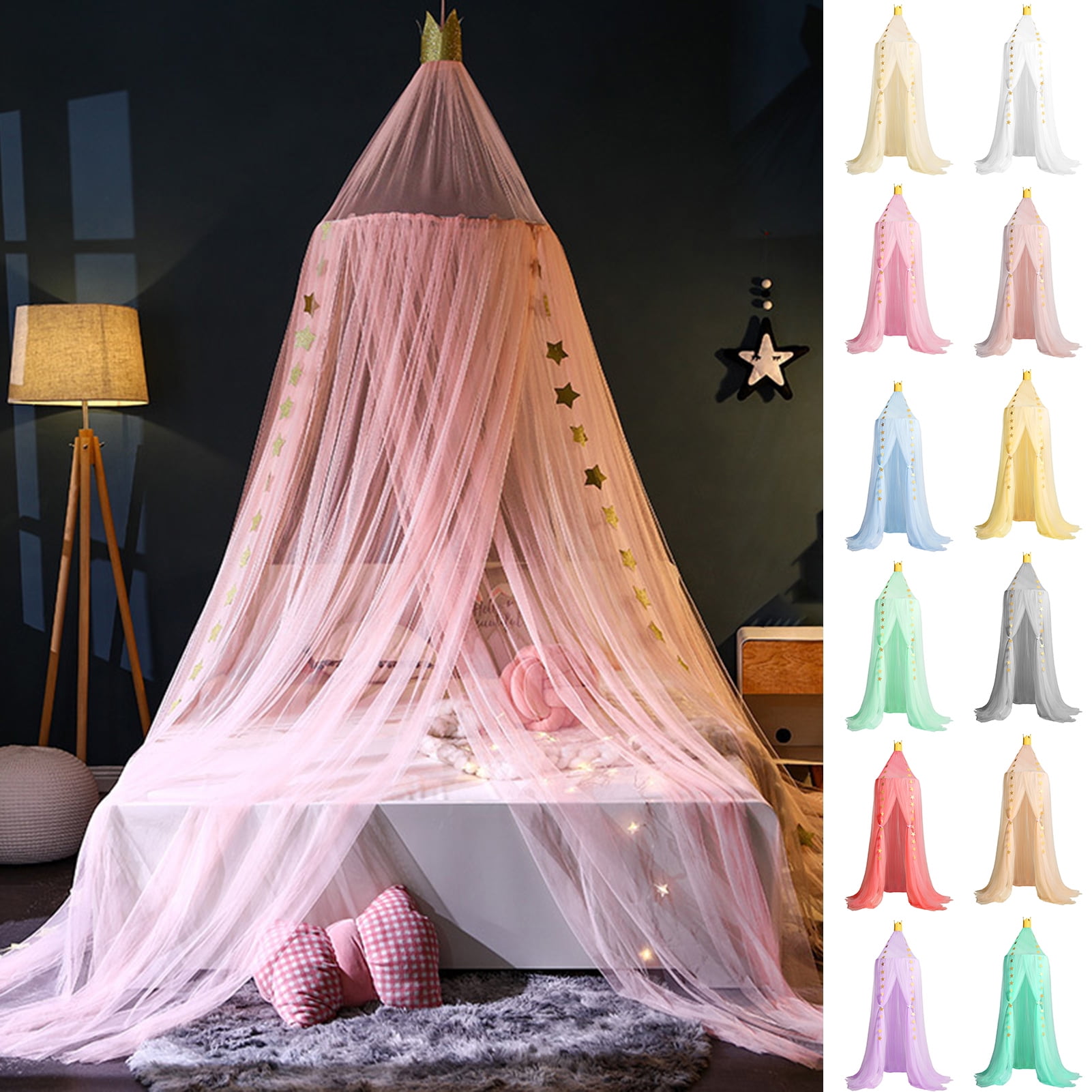 Elodia Fine Mesh See-through Bed Canopy with Crown Decor Star Pendant ...