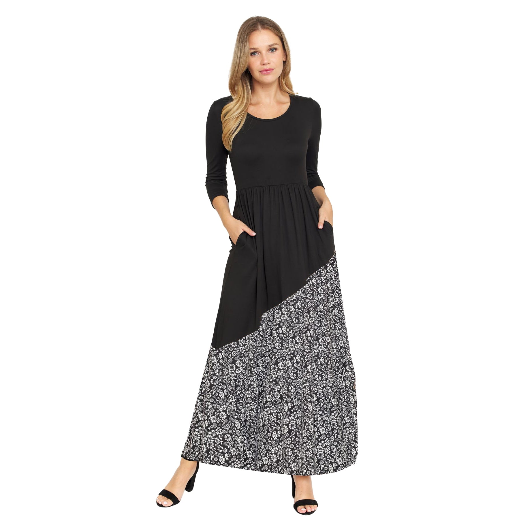 Eloges Women's 3/4 Sleeve Asymmetrical Color Block Maxi Dress - Walmart.com