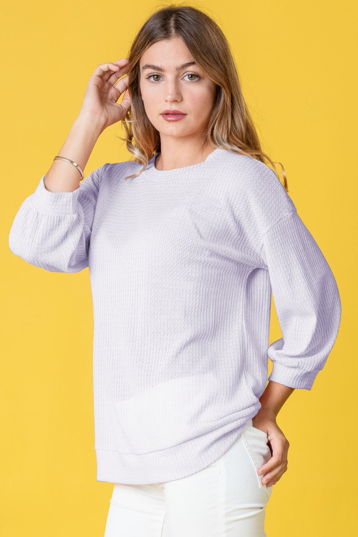 Eloges Women's Solid Pastel 3/4 Sleeve Drop Shoulder Waffle Knit Top ...
