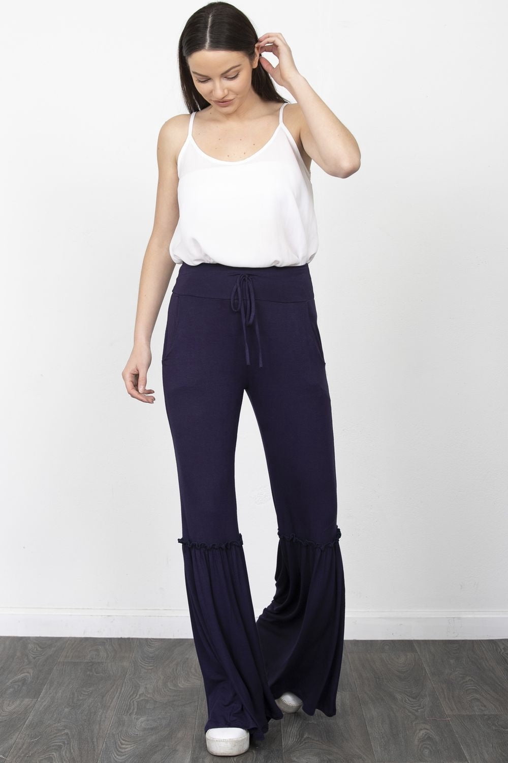 Eloges Women's Solid Ruffle Trim Bell Bottom Drawstring Pants - Walmart.com
