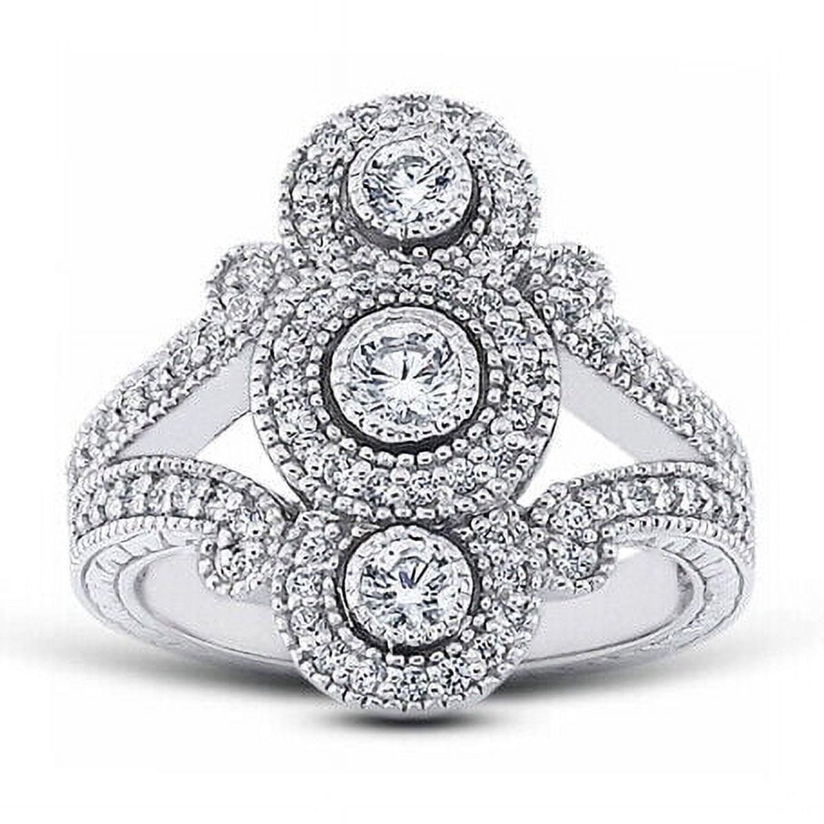 Elongated Triology Diamond Ring Split Shank Milgrain Ring 14K White Gold Over 2.6 Ct Diamond ...