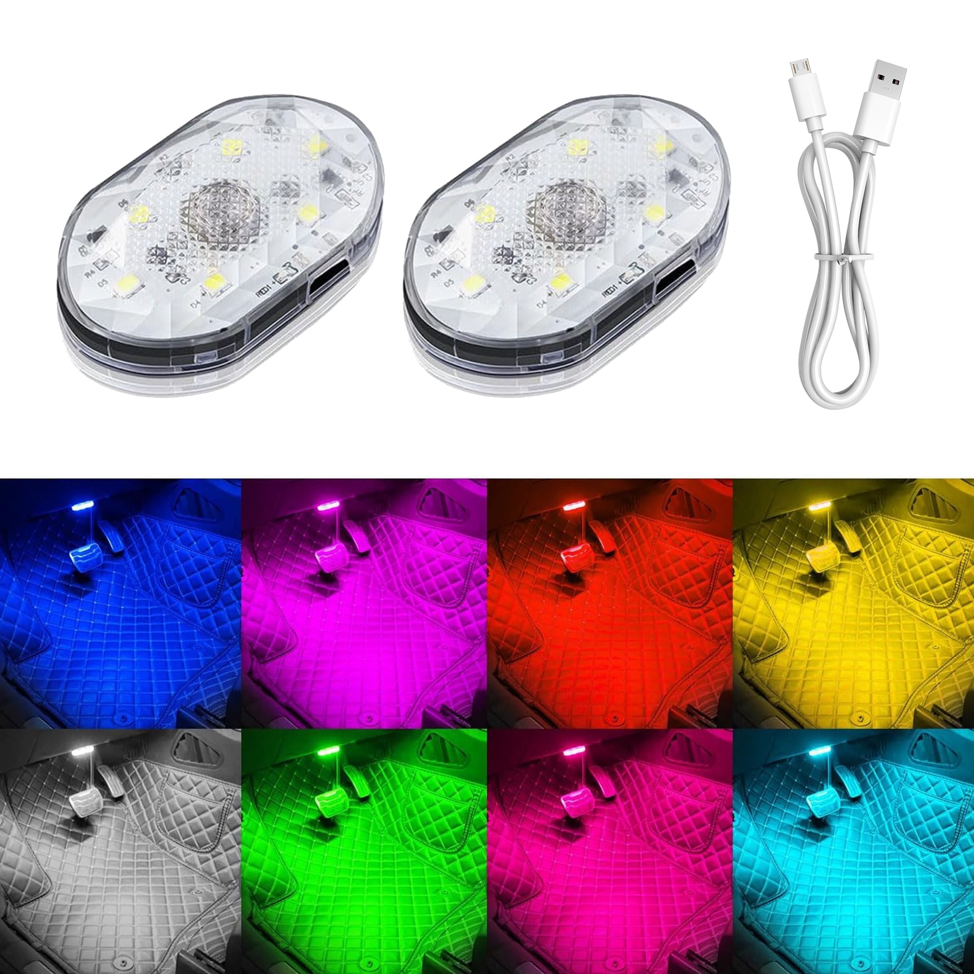 Elook 2Pcs Wireless LED Lights for Car, 8 Colors Car Interior Night ...