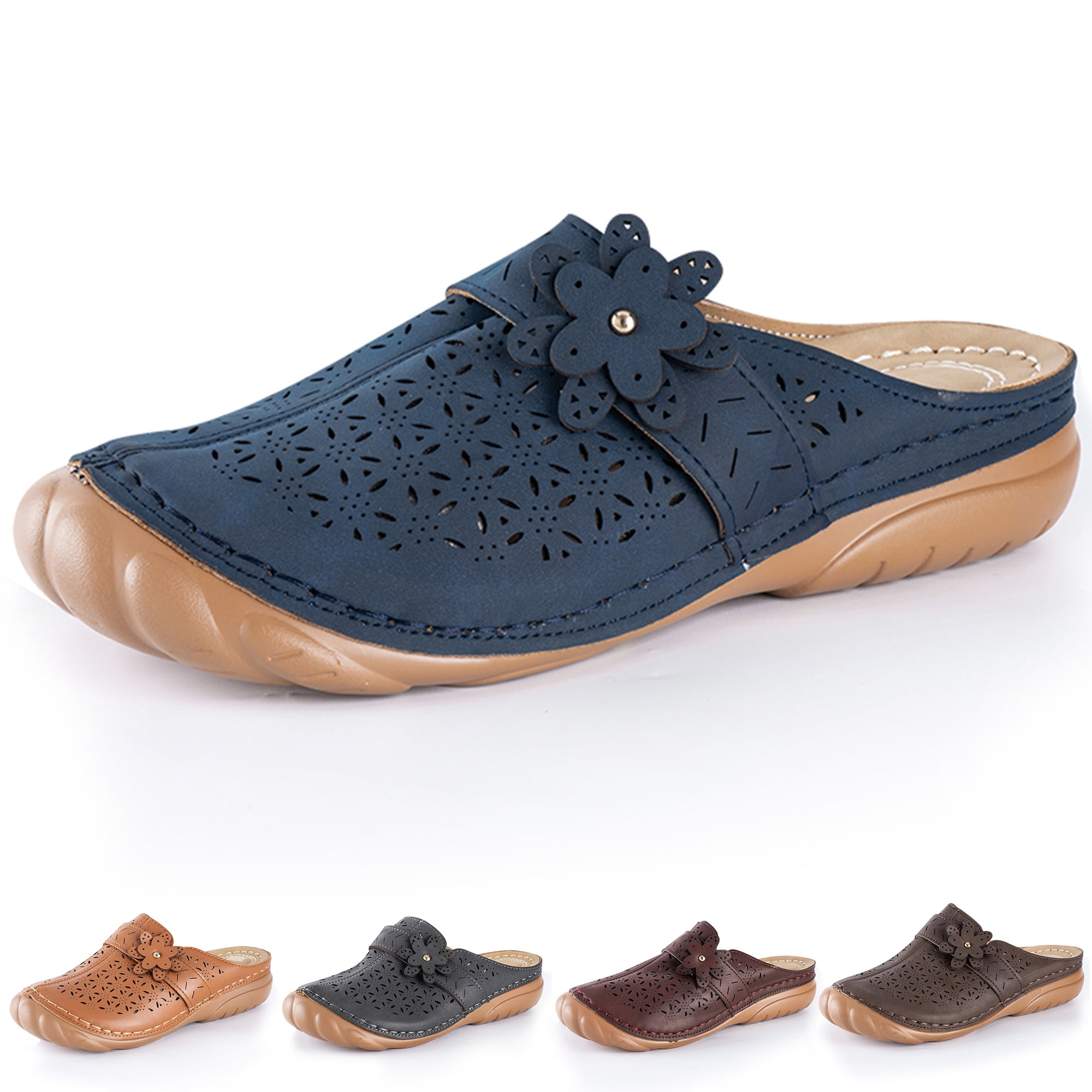 Eloshman Clogs Shoes for Women PU Leather Mule Slippers Slip On Loafers ...