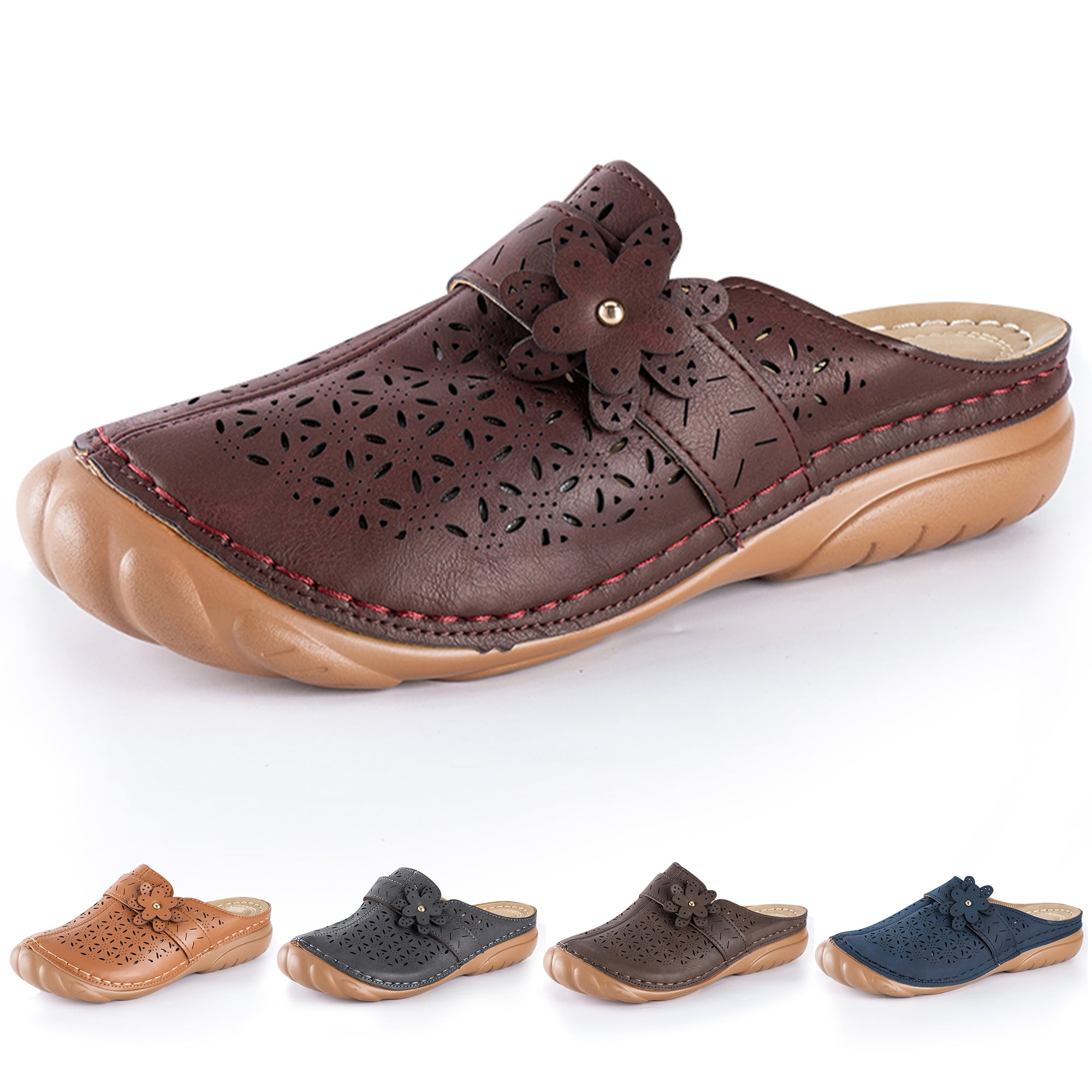 Eloshman Clogs Shoes for Women PU Leather Mule Slippers Slip On Loafers ...