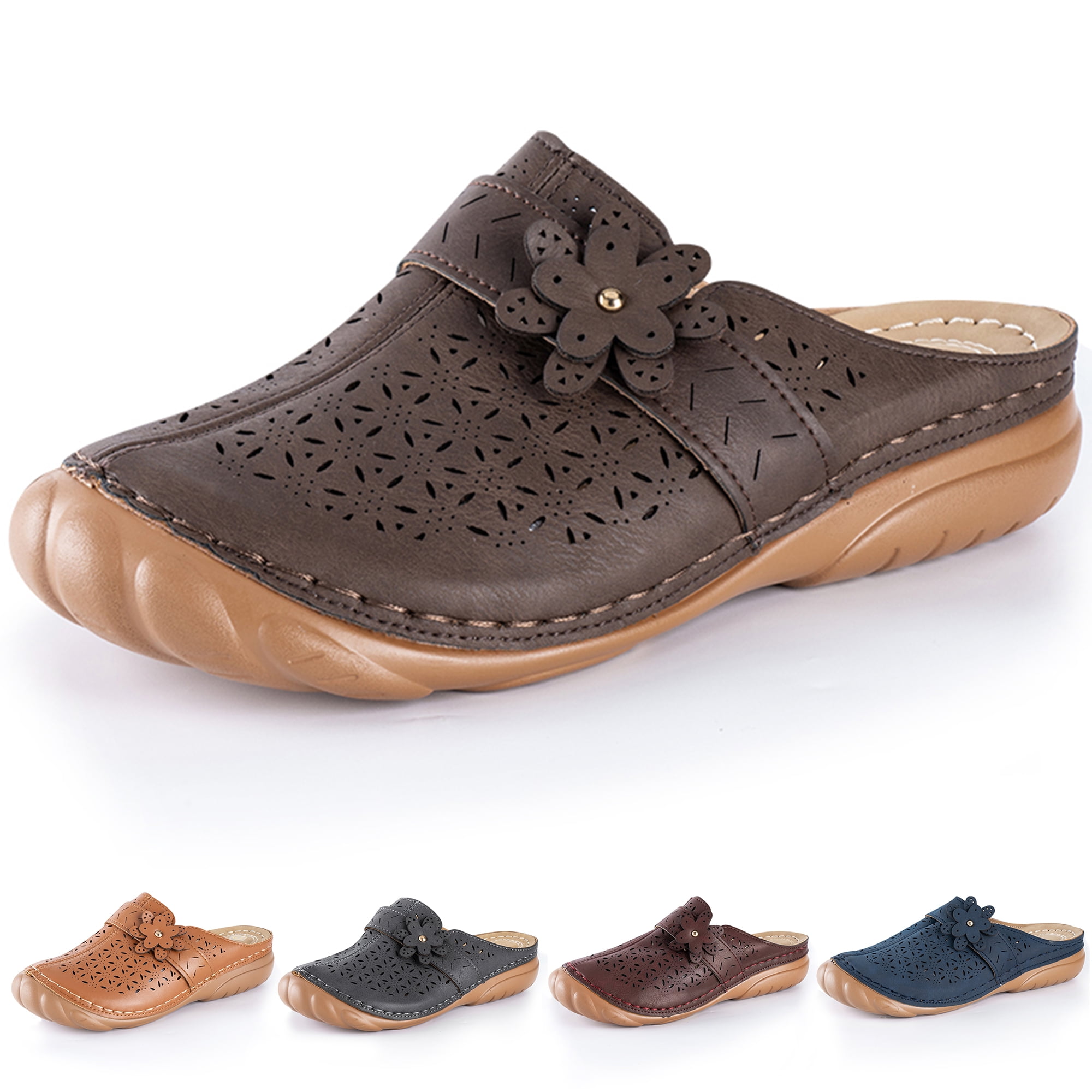 Eloshman Clogs Shoes for Women PU Leather Mule Slippers Slip On Loafers ...