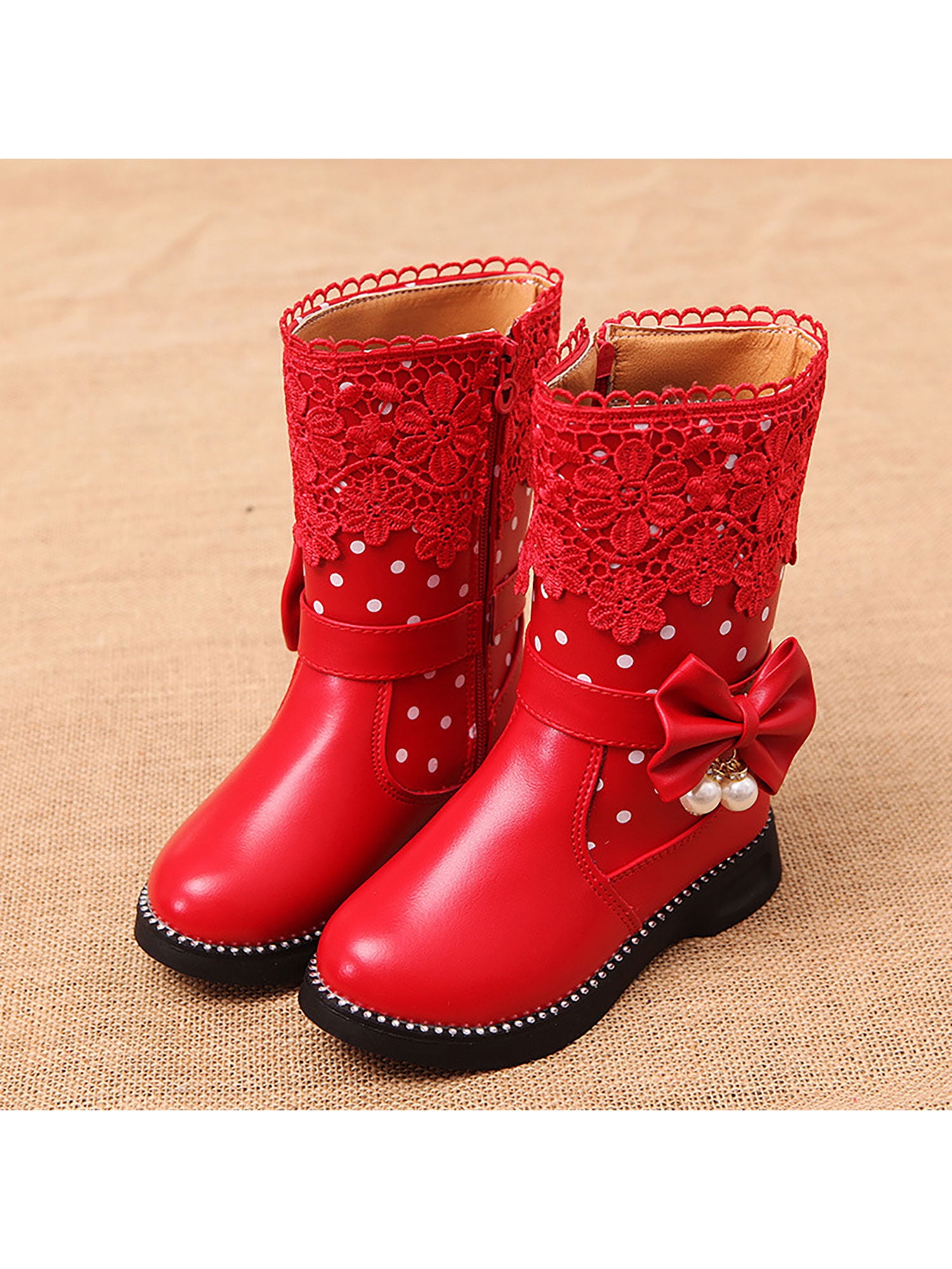 Eloshman Girls Tall Winter Boots Side Zipper Bowknot Fashion Boots Red ...