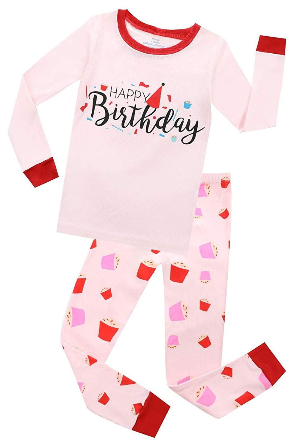 Elowel Girls Happy Birthday 2 Piece Pajama Set 100% Cotton Size 4 Pink ...