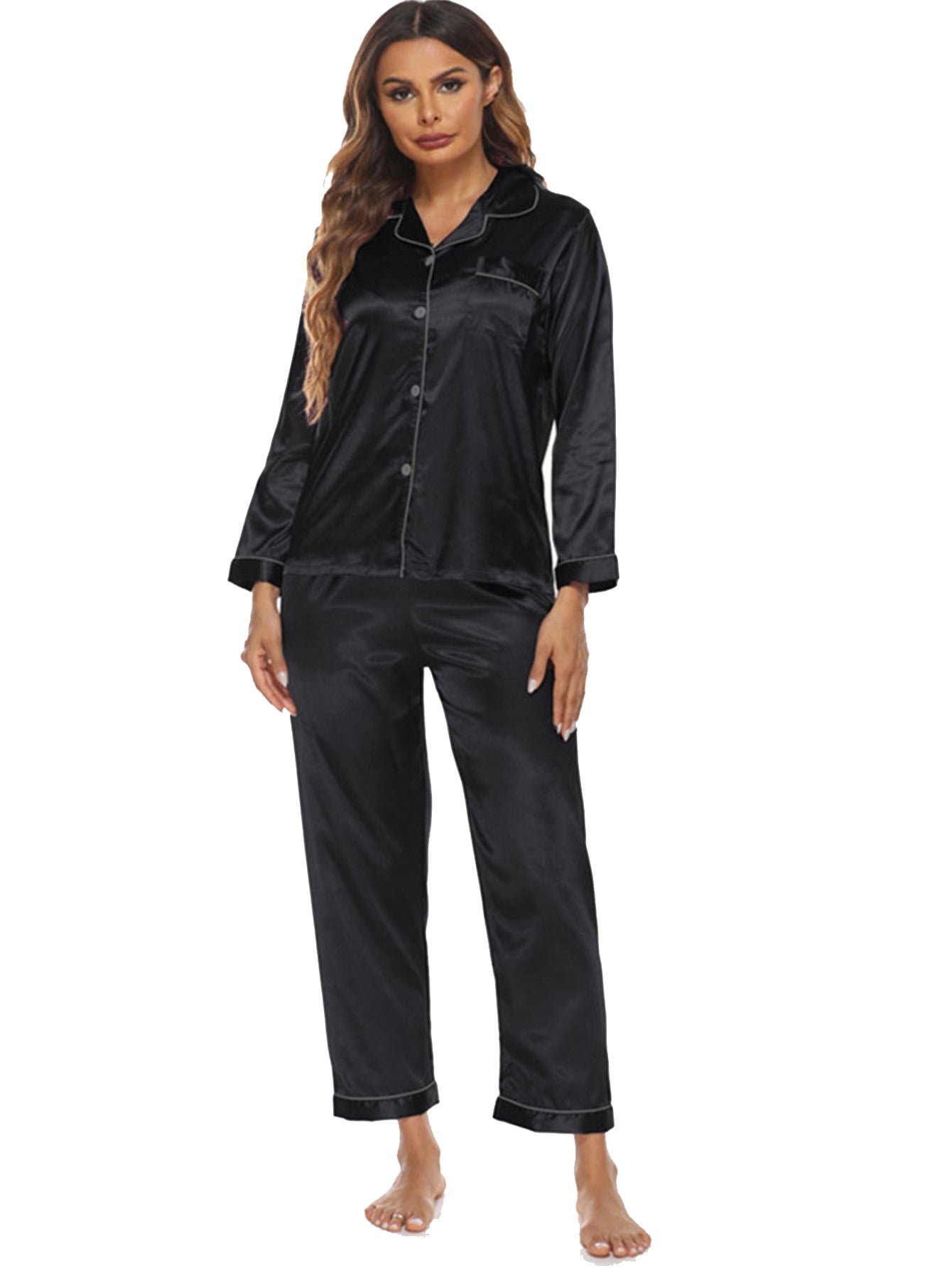 Elowel Silk Satin Pajama Set for Women - Button Down Sleepwear Pajamas ...