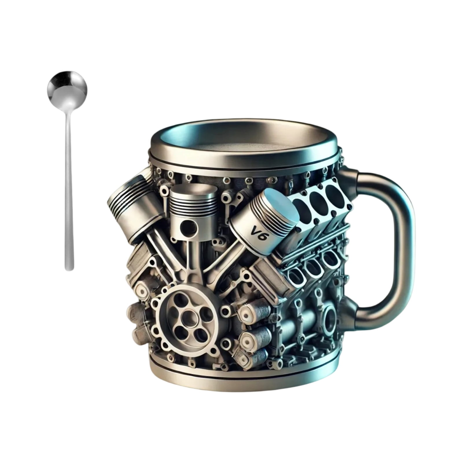 Elquetsk Stainless Steel Cups, V6 Engine Mugs with Spoon, Unique Design ...