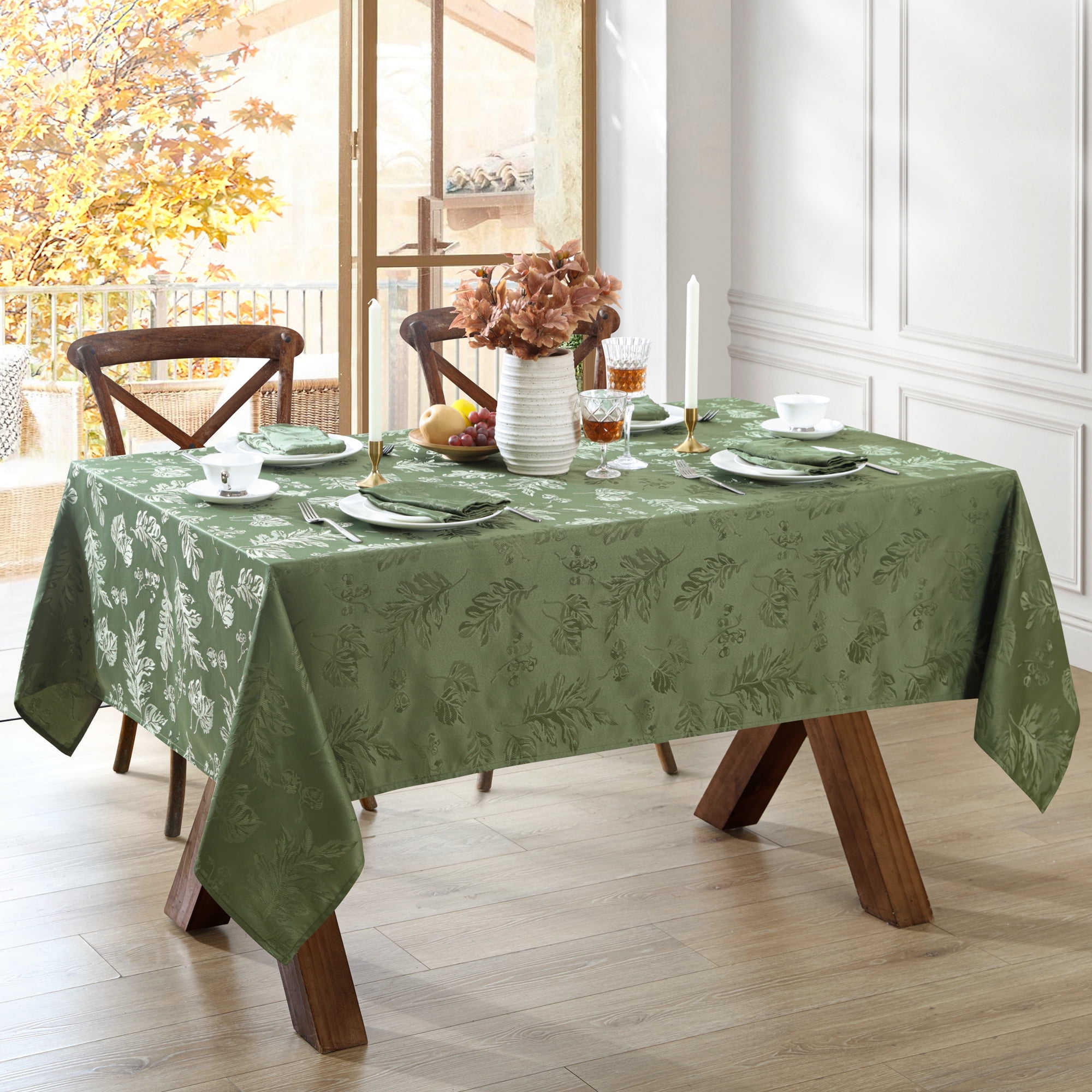 Elrene Elegant Woven Leaves Jacquard Damask Tablecloth Olive 60"x144 ...