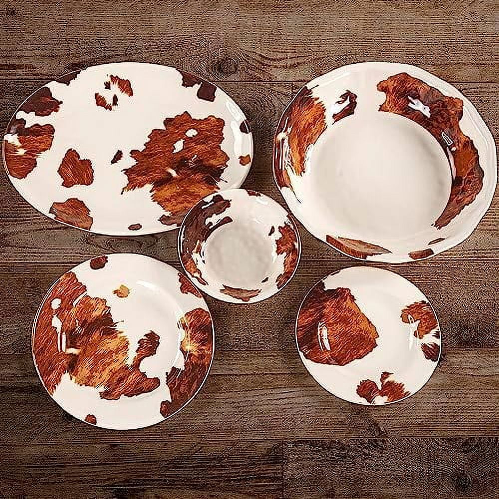 Elsa 14 Piece Cow Print Melamine Plastic Dinnerware Set with Dinner ...